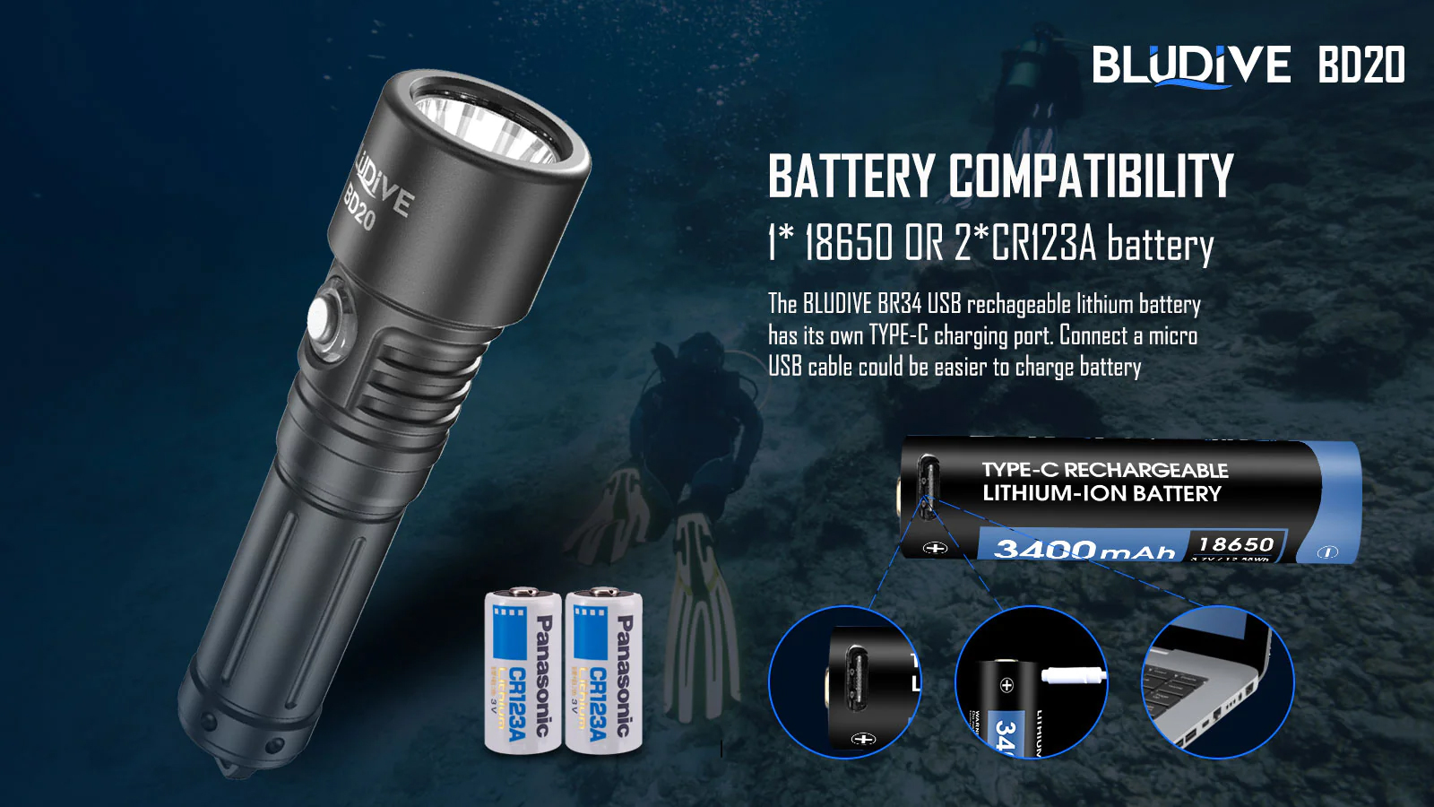 Bludive BD20 Dive torch - 1200lm - Powa Beam